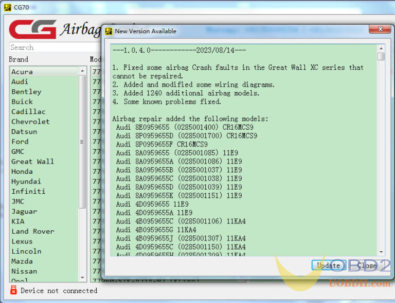 CG70 Airbag Reset Tool V1.0.4.0 Update – UOBDII Official Blog